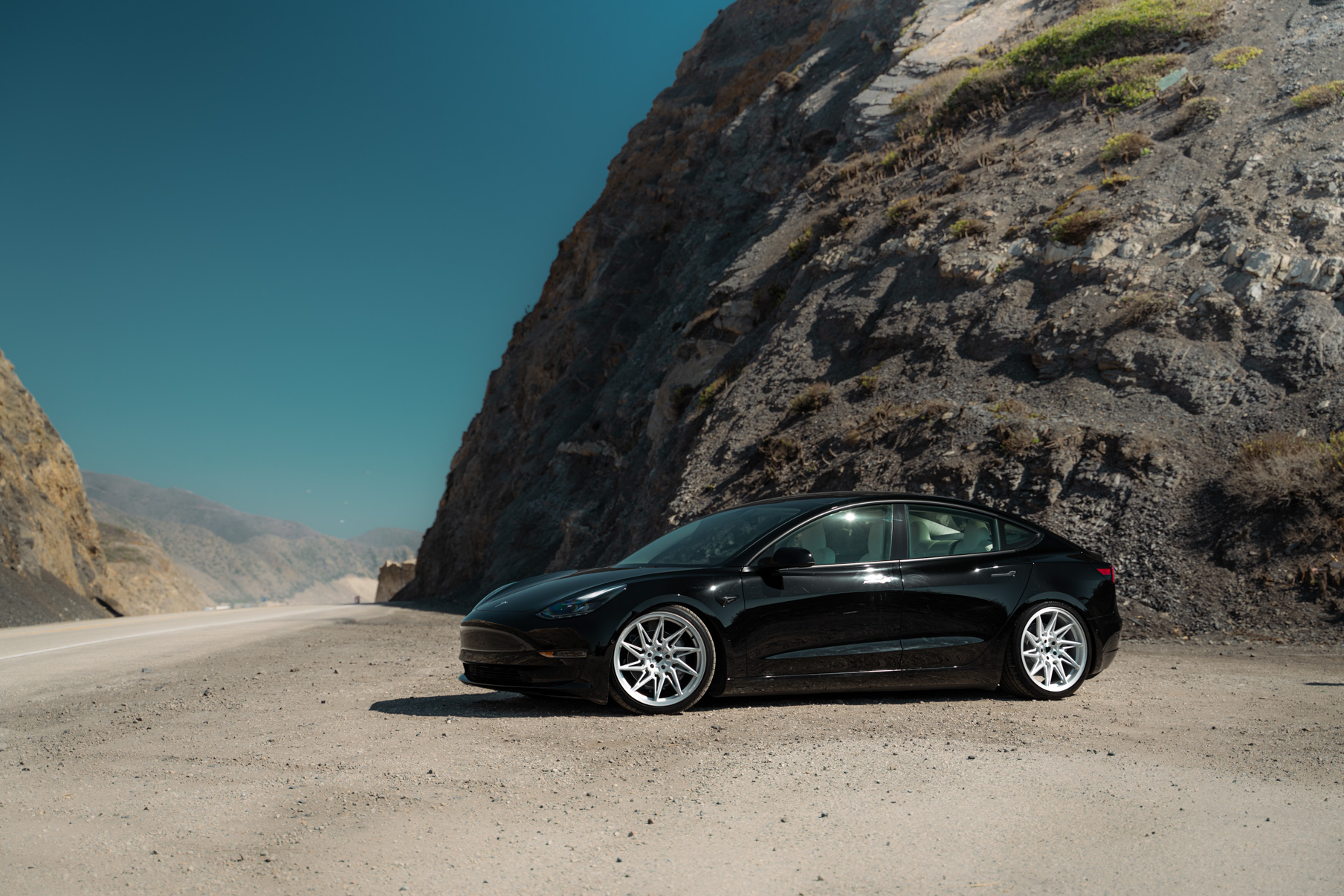 A 2022 Tesla Model 3 on Blaque Diamond BD-F20 Brushed Silver Wheels ...