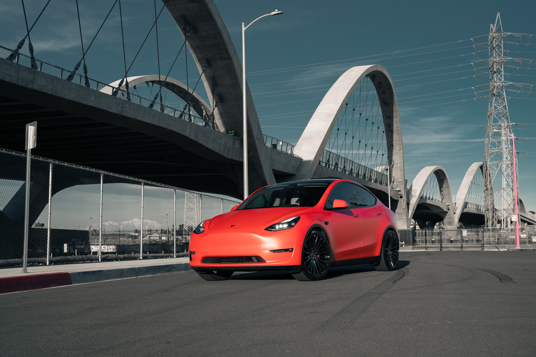A Matte Red Tesla Model Y on Blaque Diamond BD-715 Gloss Black Wheels ...